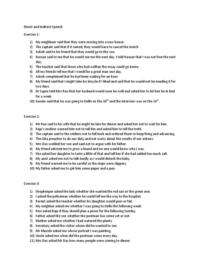Direct and Indirect Speech Exercises | PDF