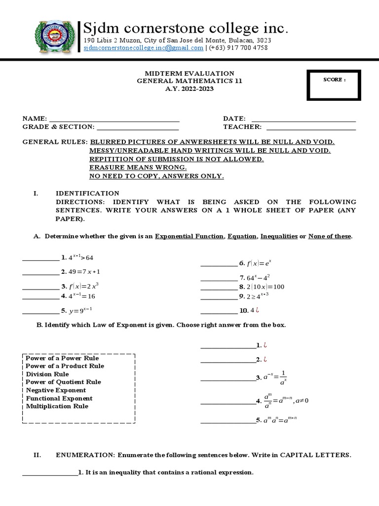 Midterm Exam GenMath. | PDF | Logarithm | Exponentiation Midterm Exam GenMath. | PDF | Logarithm | Exponentiation