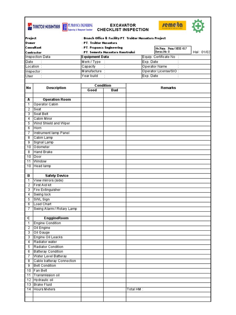 Form HSE 017 Form Checlklist Excavator | PDF | Automotive Industry ...