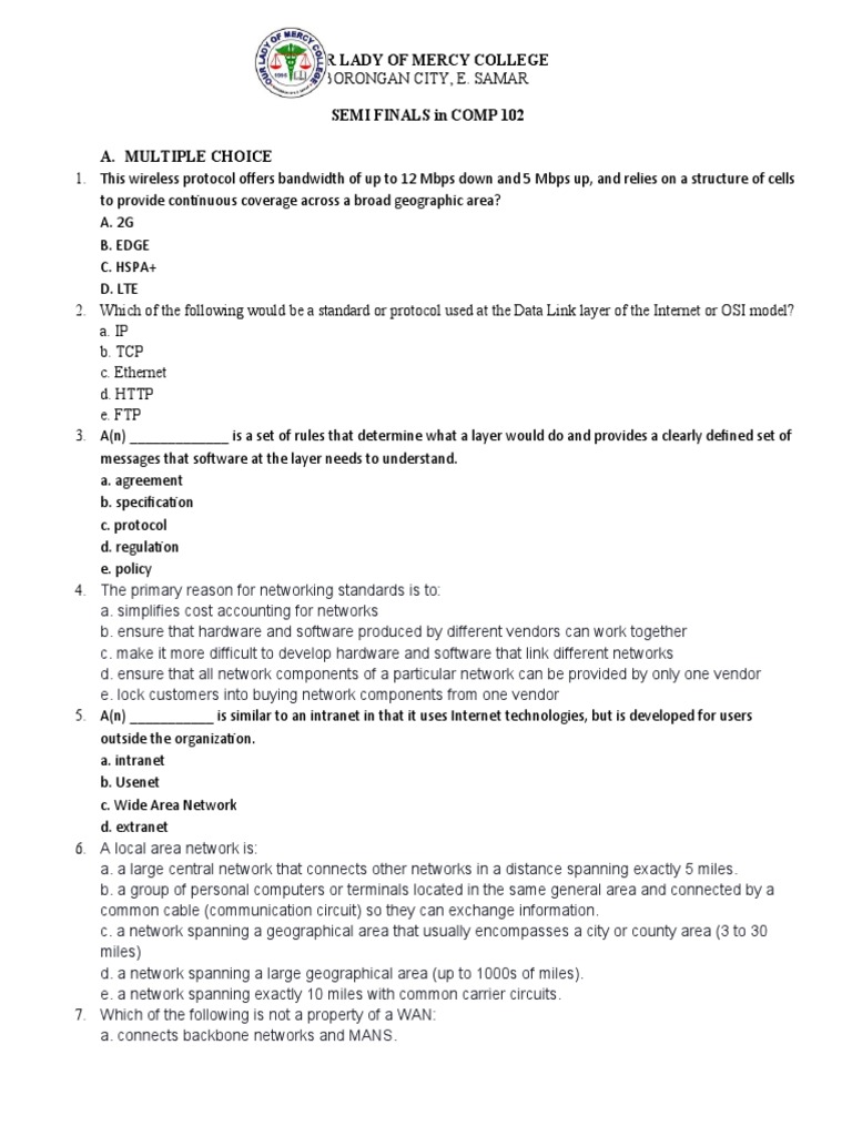Semi Final Exam in Comp102 | Download Free PDF | Computer Network | Internet Protocol Suite