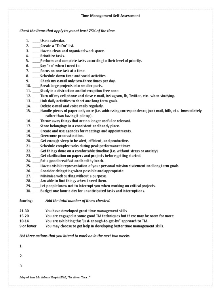Time Management Self-Assessment Tool | PDF | Career & Growth | Art