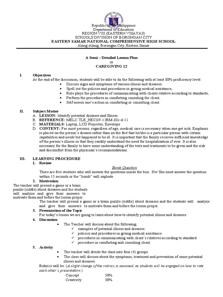 A Semi - Detailed Lesson Plan in Caregiving 12 | PDF | Heart | Health Care