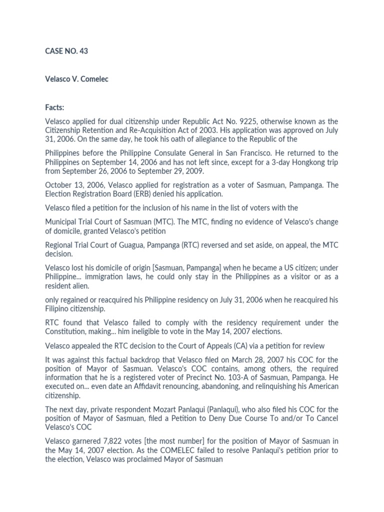 CASE NO. 43 Velasco V. Comelec | PDF