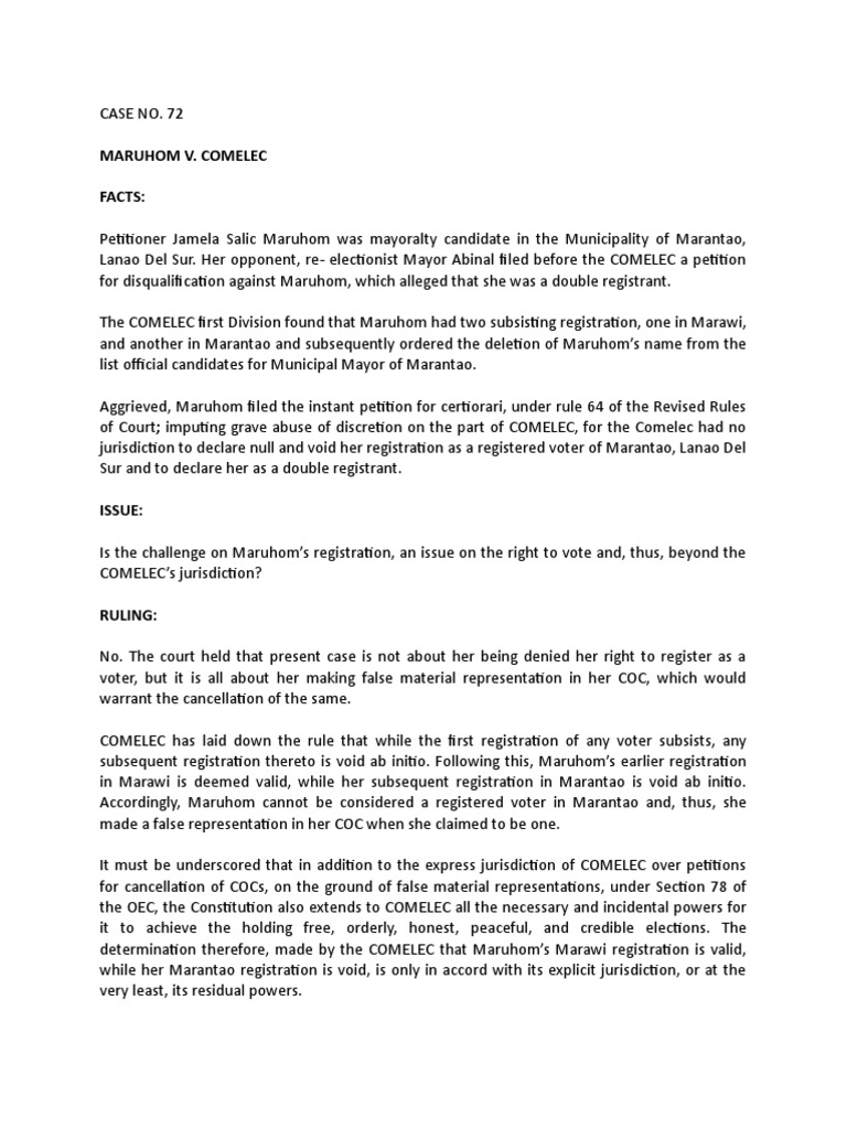 CASE NO. 72 Maruhom V Comelec | PDF