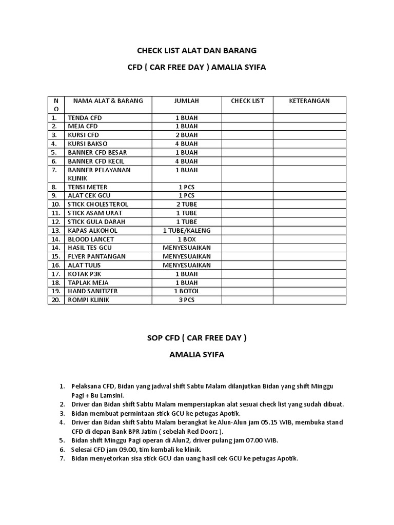 CHECK LIST ALAT DAN BARANG CAR FREE DAY MINGGU | PDF