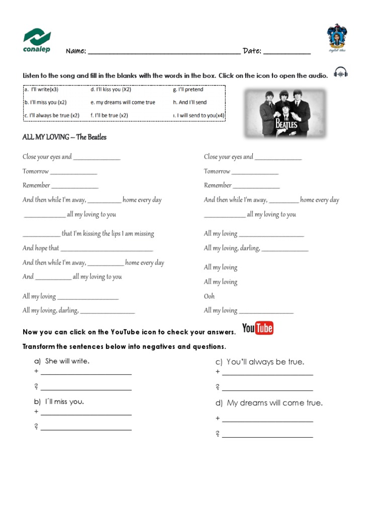 Fill in the Blanks: All My Loving Lyrics | PDF | Language Arts & Discipline