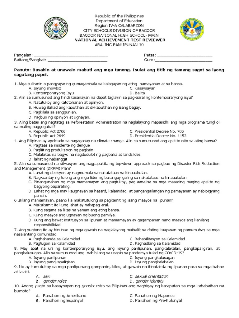AP10 - NATIONAL ACHIEVEMENT TEST Reviewer - D1 | PDF