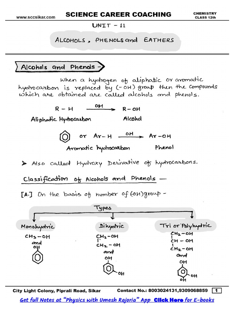 Alcohols, Phenols & Eathers Notes - 12th Chemistry | PDF