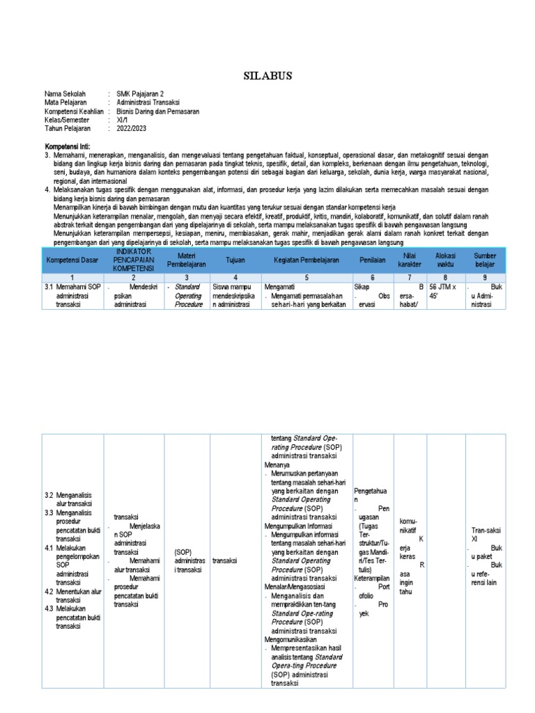 Silabus Administrasi Transaksi Xi Ta 21-22 Melly | PDF