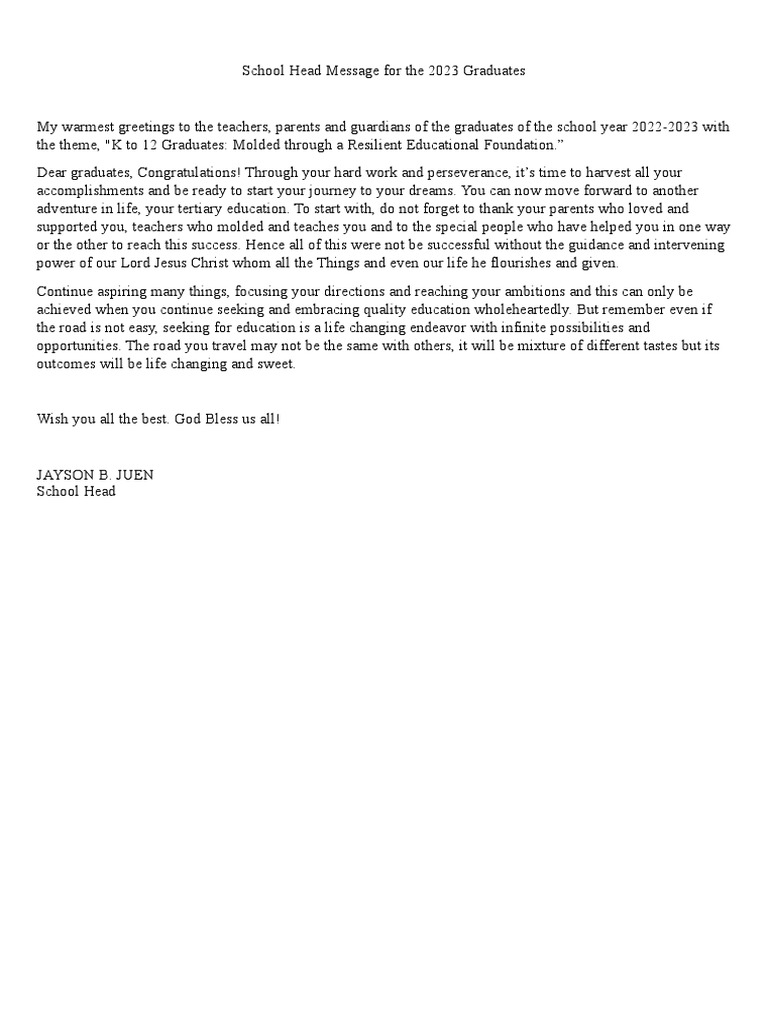 School Head Message | Download Free PDF | Religious Belief And Doctrine ...