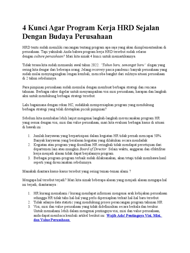 HRD 4 Kunci Agar Program Kerja HRD Sejalan Dengan Budaya Perusahaan ...