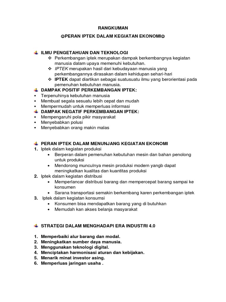 Rangkuman Peran Iptek Dalam Kegiatan Ekonomi | PDF