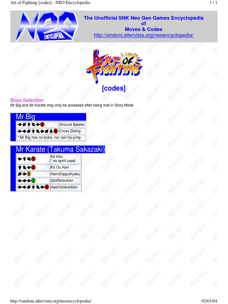 SNK Neo Geo Moves & Codes Guide | PDF