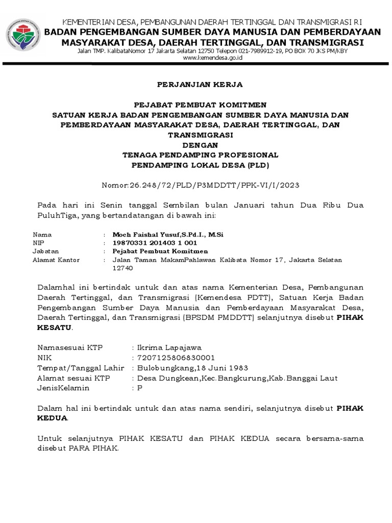01- Surat Perjanjian Kerja Pld 2023 | PDF