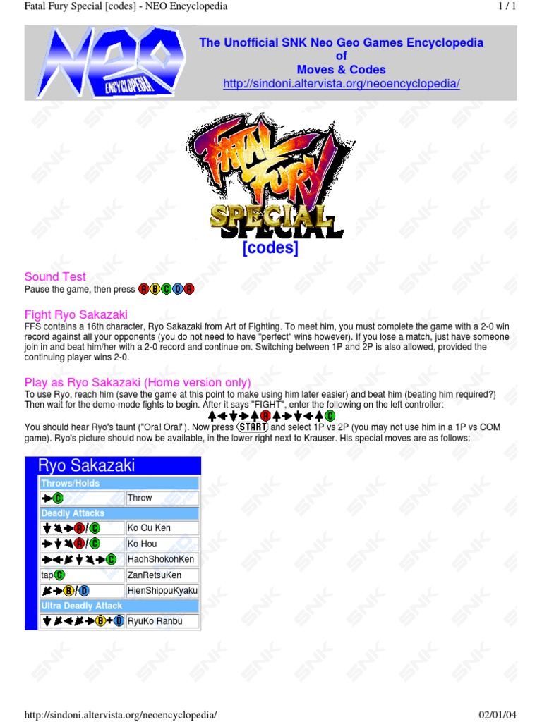 Fatal Fury Special Codes | PDF