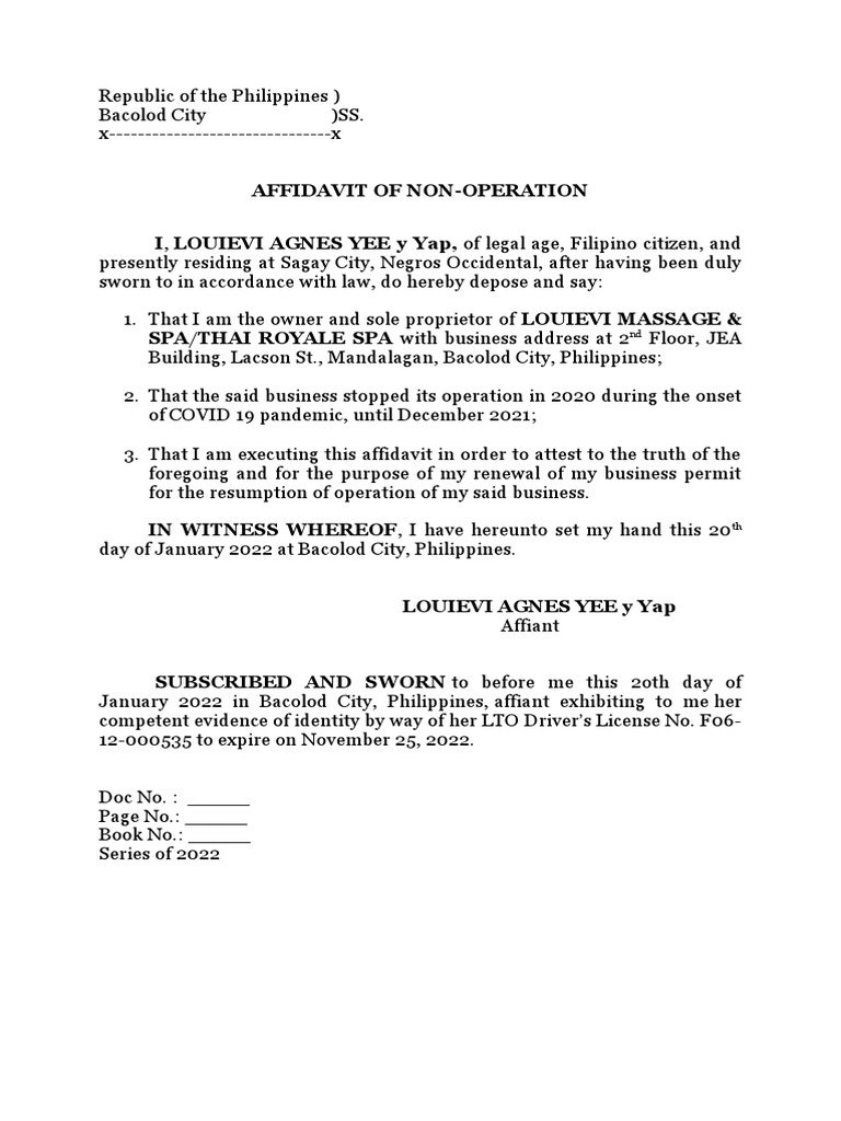 Affidavit of Non-Operation for Spa | PDF