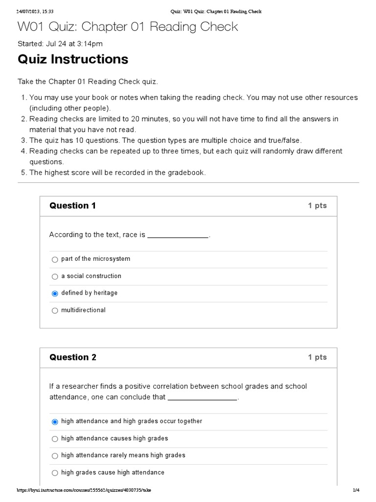 Quiz - W01 Quiz - Chapter 01 Reading Check | PDF | Psychology ...