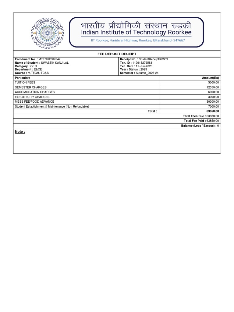 IIT Roorkee - Autumn - 2023-24 - 1427030 Receipt | PDF