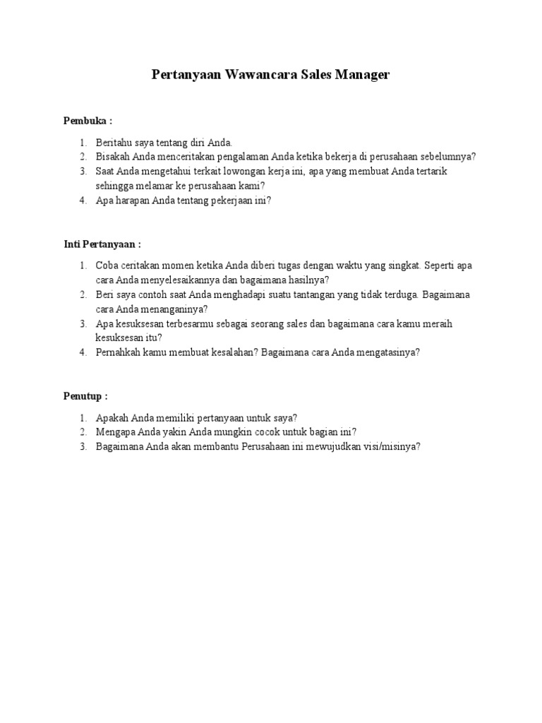 Pertanyaan Wawancara Sales Manager | PDF