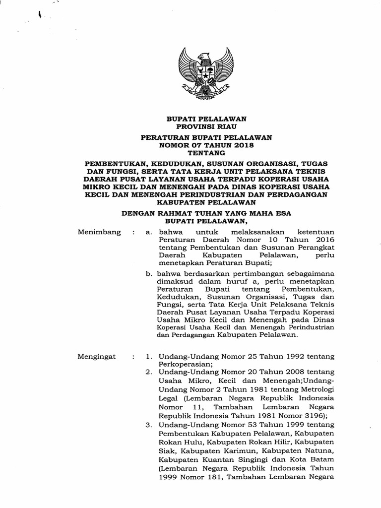 Peraturan Bupati Pelalawan Nomor 7 Tahun 2018 (UPTD PLUT-KUMKM) | PDF