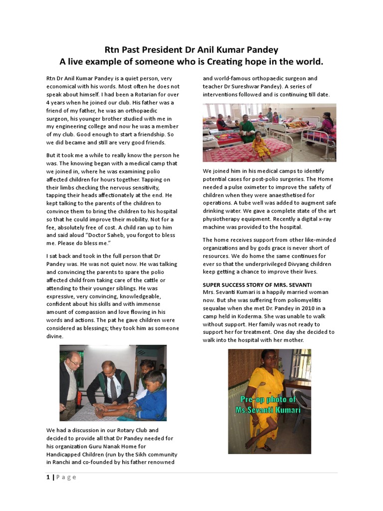 Rotarian Past President Dr. Anil Kumar Pandey Continues To Create Hope ...