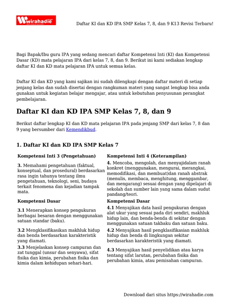 Daftar KI Dan KD IPA SMP Kelas 7, 8, Dan 9 K13 Revisi Terbaru! | PDF | Sains & Matematika