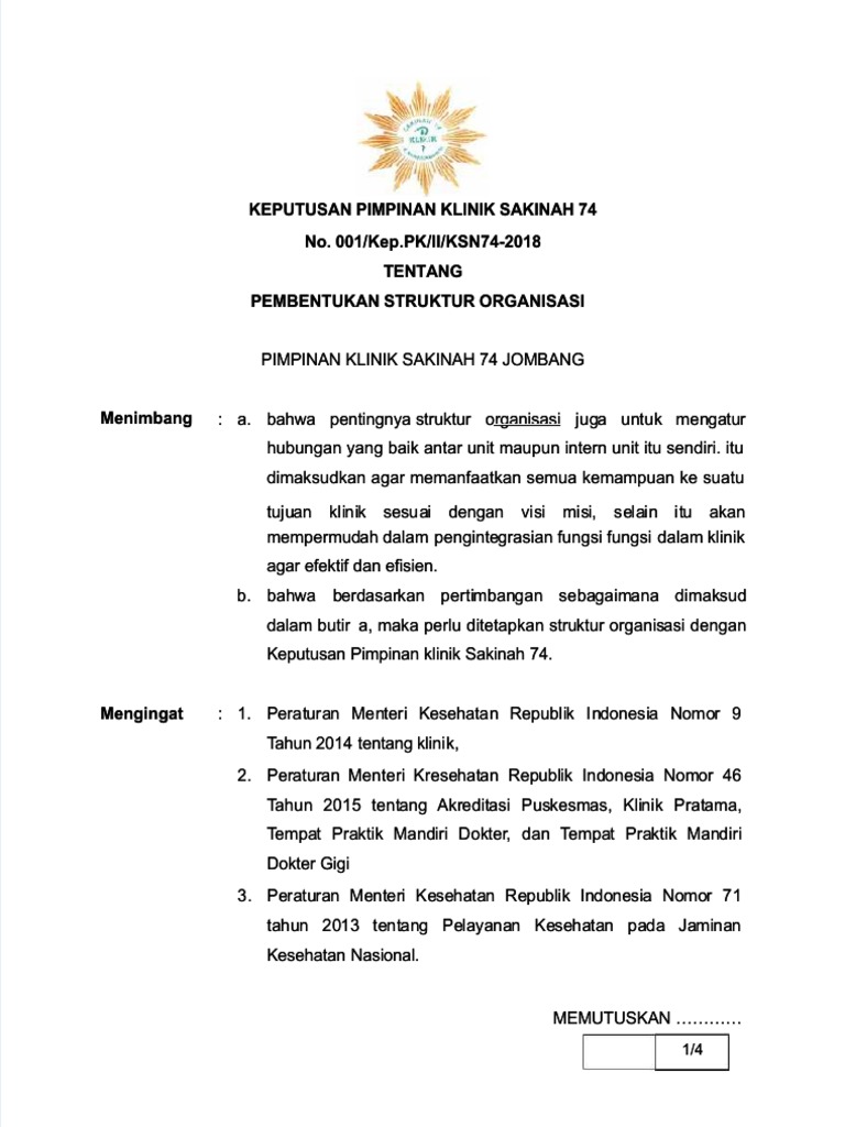 Contoh SK Struktur Organisasi Klinik | PDF