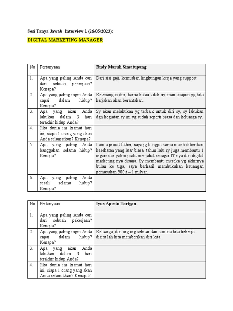Sesi Tanya Jawab Interview 1 DMM & MM 260523 | PDF