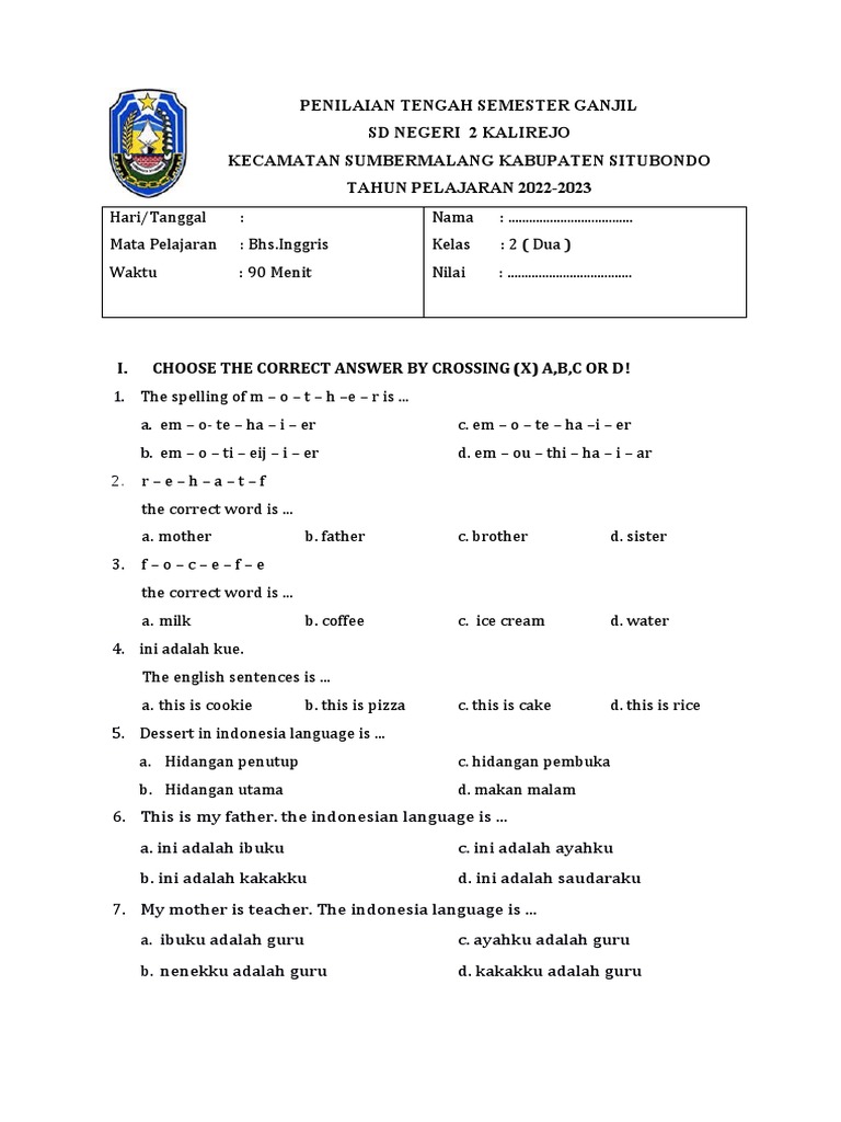Soal PTS Kelas 2 SD Semester 1 | PDF | Linguistics