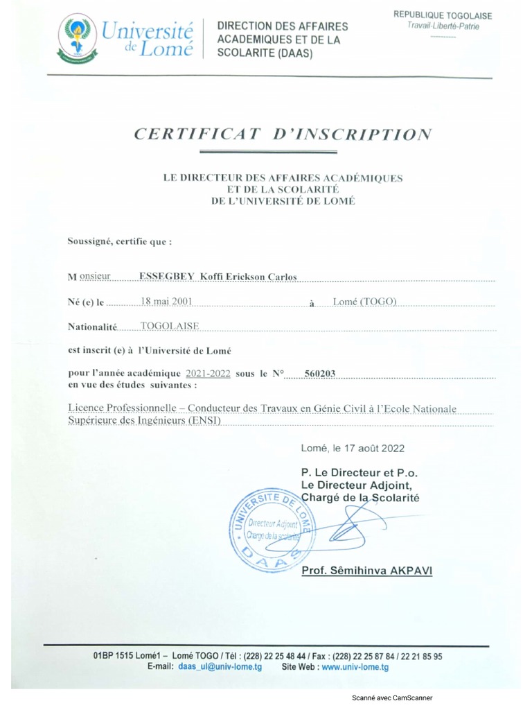 Certificat D'inscription | PDF