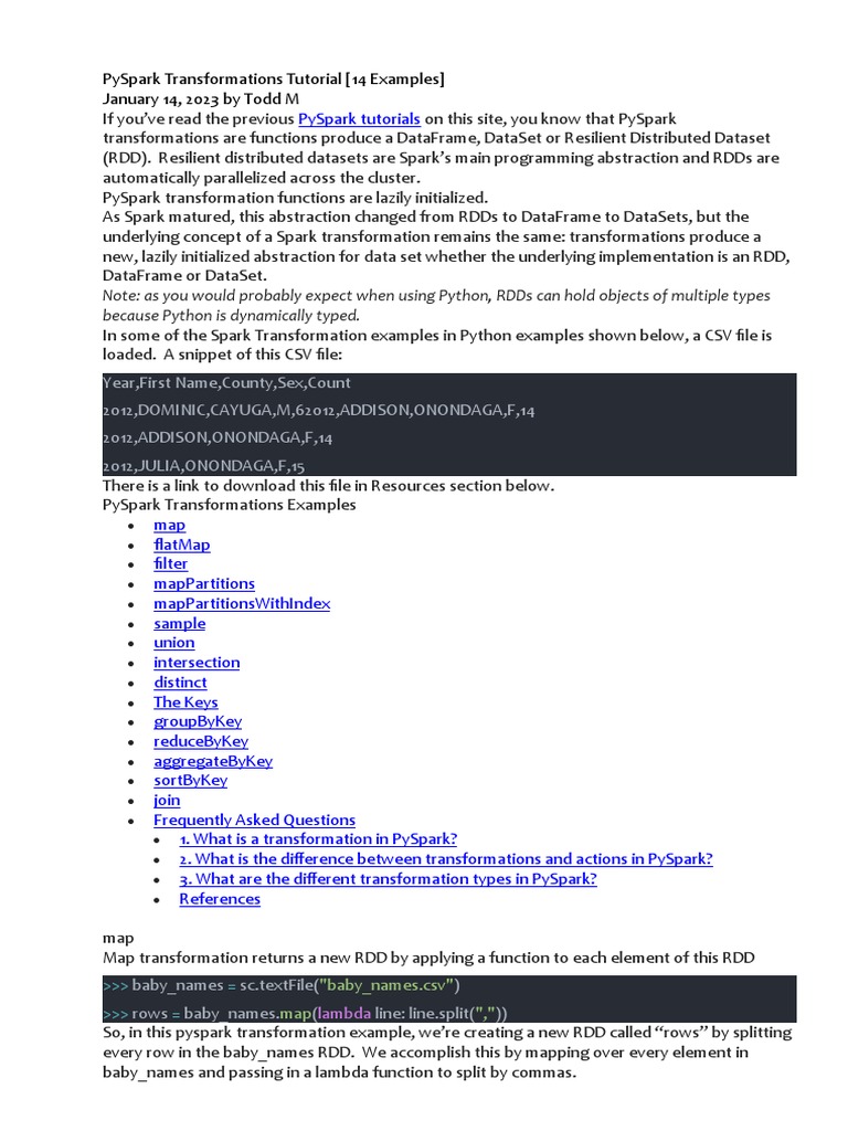 Pyspark Transformations Tutorial Pdf Apache Spark Apache Hadoop