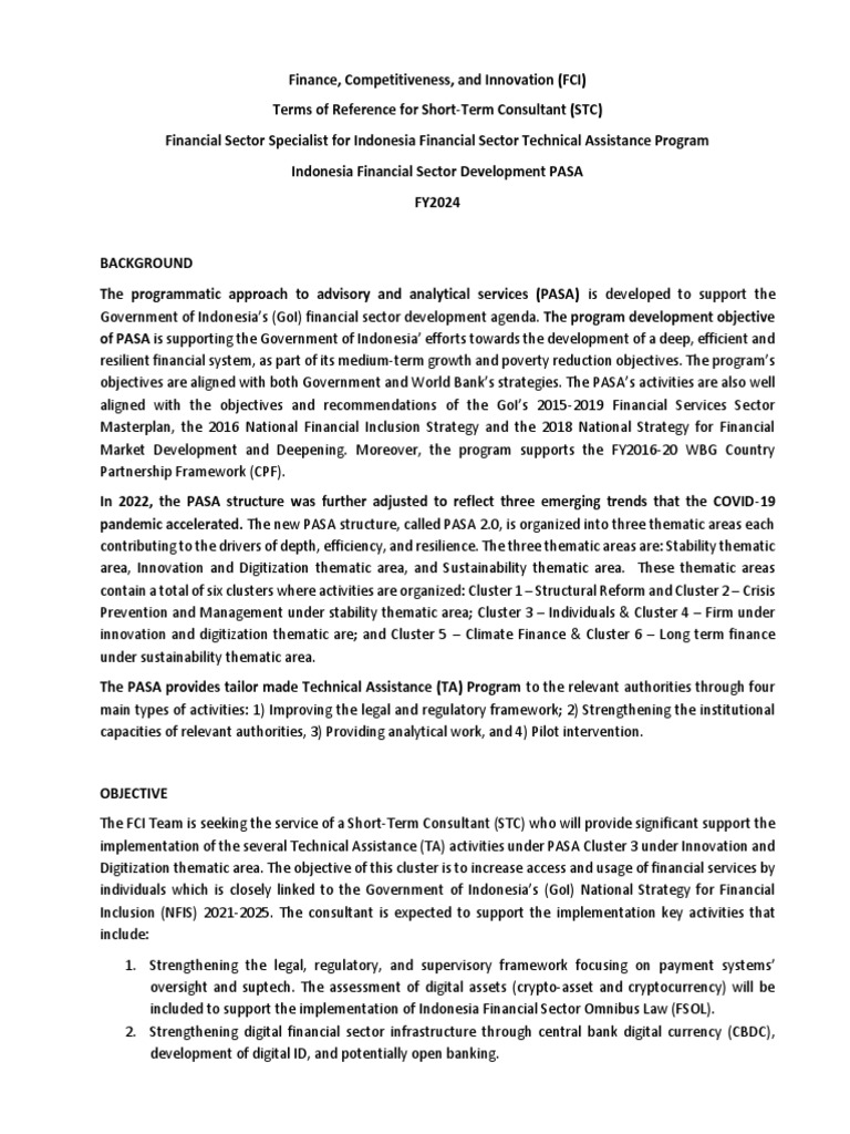 TOR STC Financial Sector Specialist FY2024 - FCI WORLD BANK | PDF ...