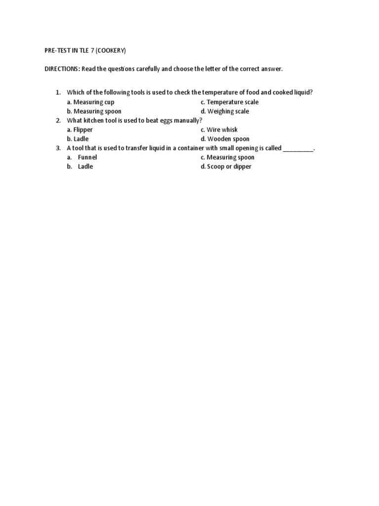 Pre-Test in Cookery 7 | PDF