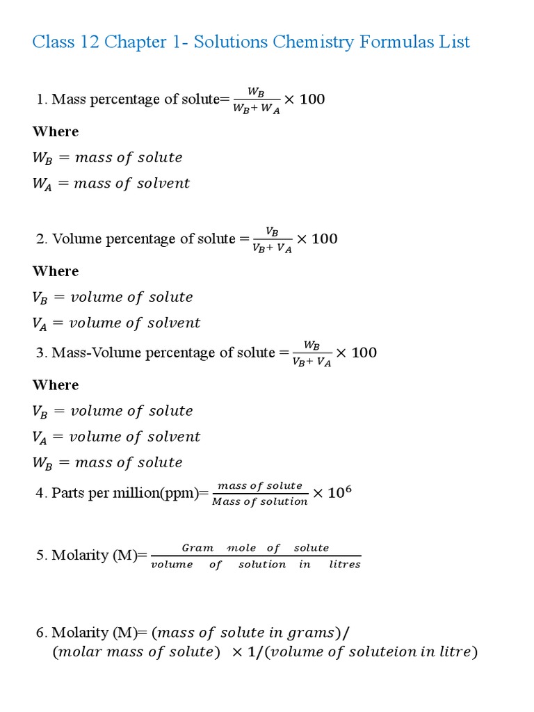 Formula Chapter - Solution | PDF | Molar Concentration | Chemistry