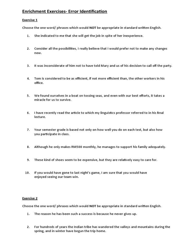 Enrichment Exercises Error Identification | PDF