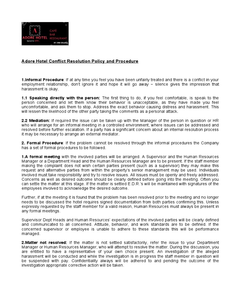 19 Adore Hotel Conflict resolution policy and procedure | PDF | Human ...