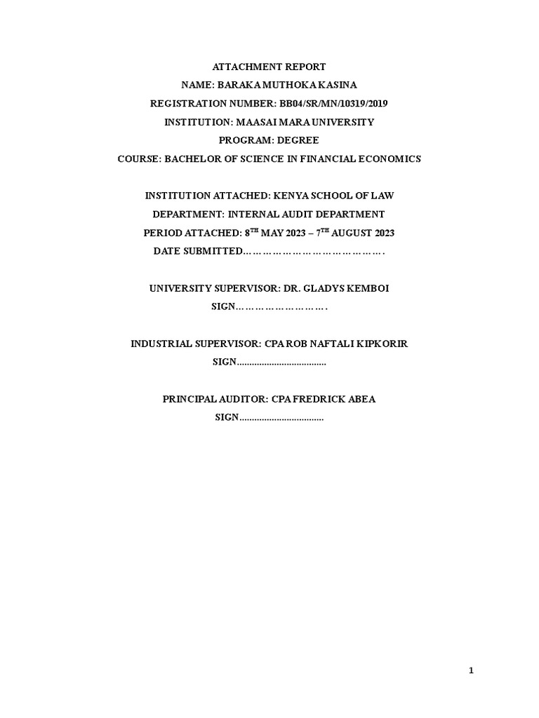 Baraka Kasina's Internship Report at KSL | PDF