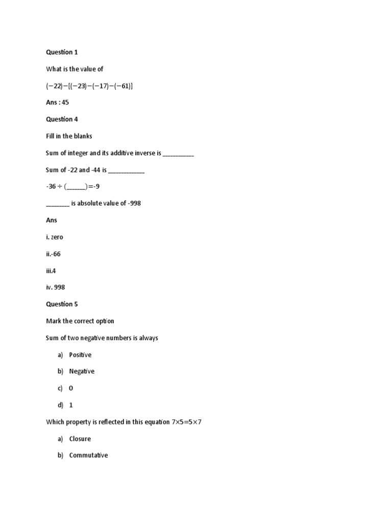 Test Paper Question With Anwar Integer Chapter 1 | PDF