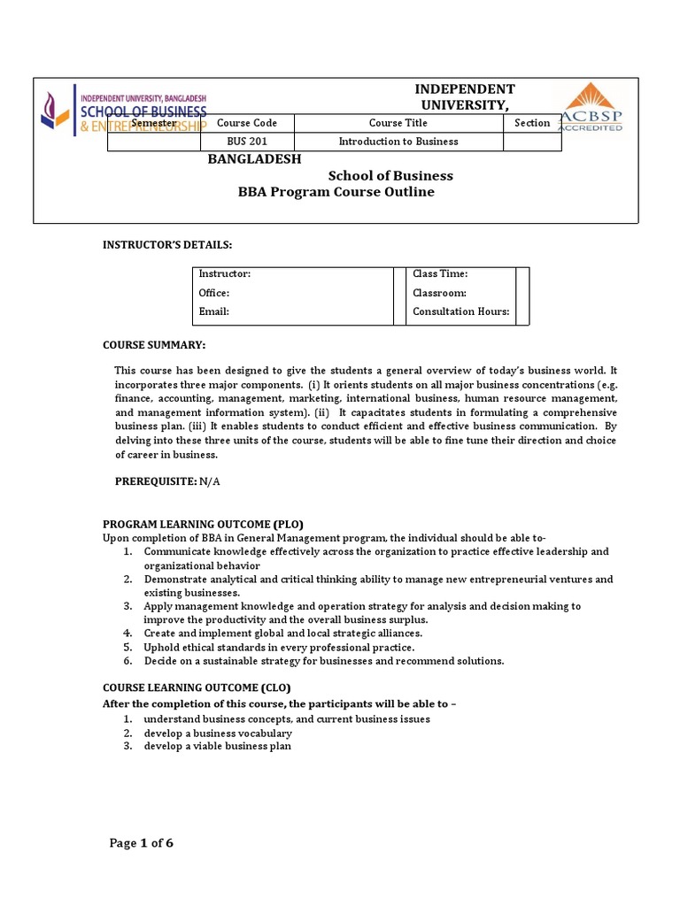BUS 201 Course Outline_OBE_WIP | PDF