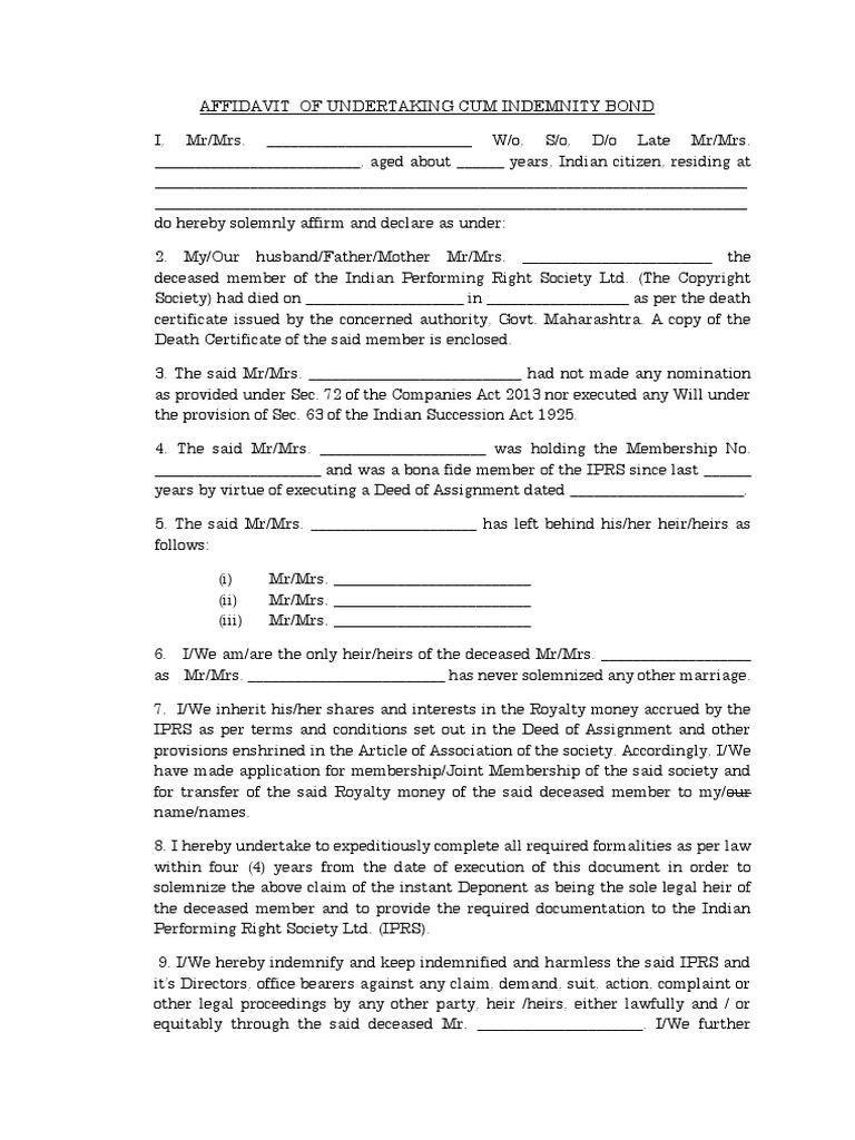 Indemnity Bond Affidavit Joint Affidavit For Legal Heir | PDF | Lawsuit | Inheritance