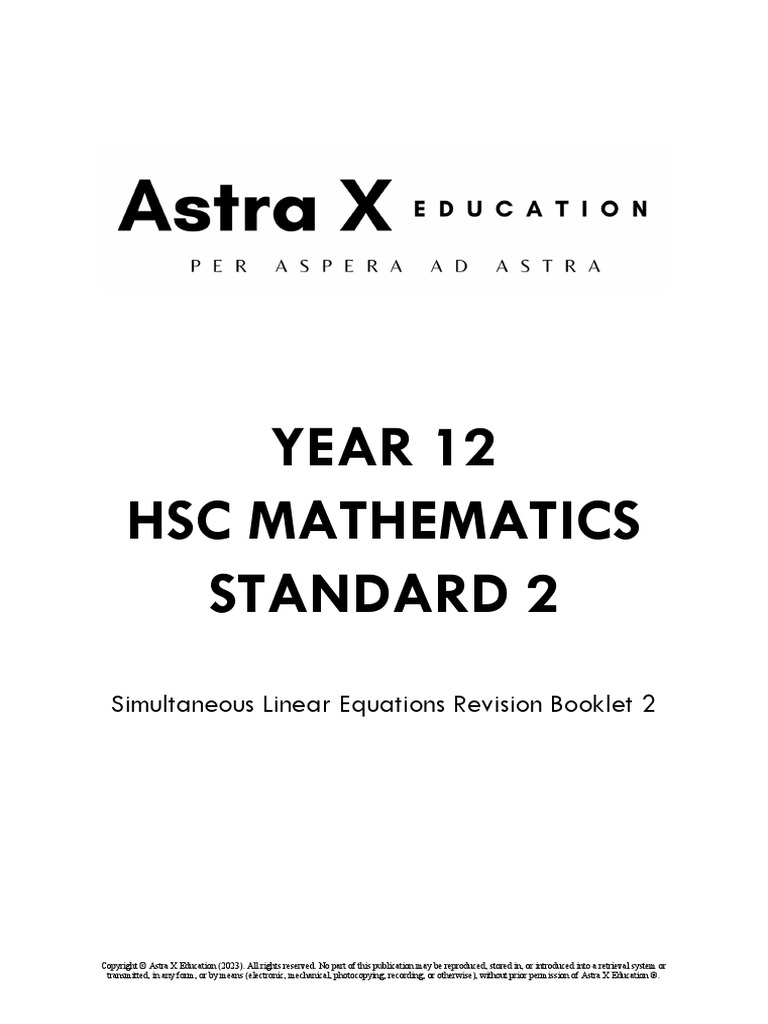 Year 12 Standard 2 Maths Simultaneous Linear Equations Revision Booklet 2 Final Pdf