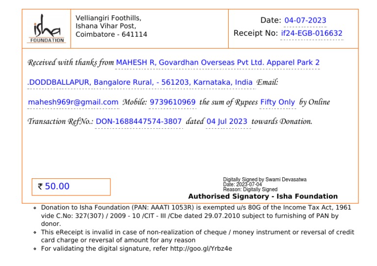 Isha Foundation Donation Receipt | PDF