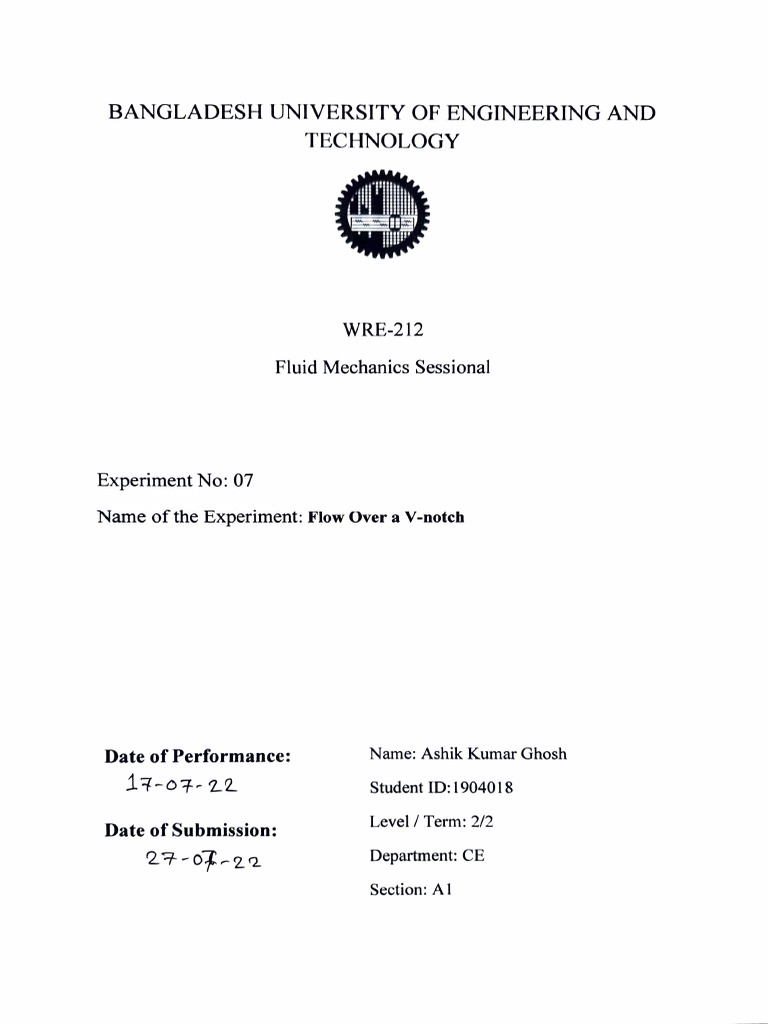WRE 212 - EXP7 Flow Over V Notch | PDF