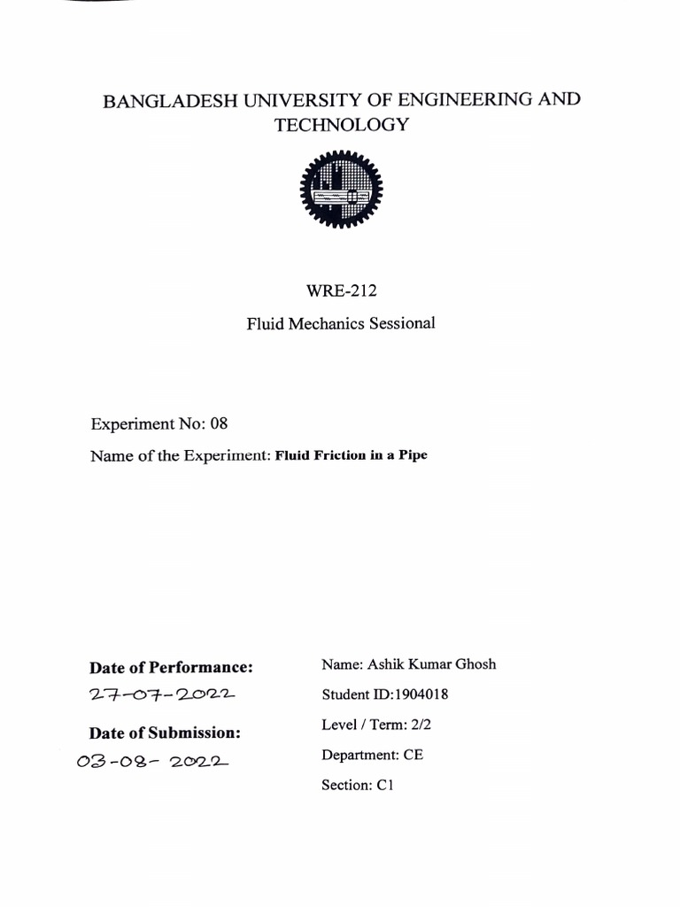 WRE 212 - EXP - 8 Fluid Friction | PDF | Physics | Dynamics (Mechanics)