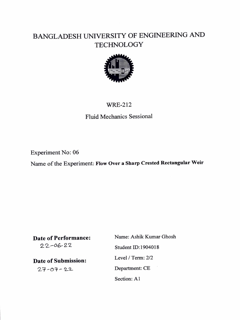WRE 212 - EXP6 Rectangular Weir | PDF | Fluvial Landforms