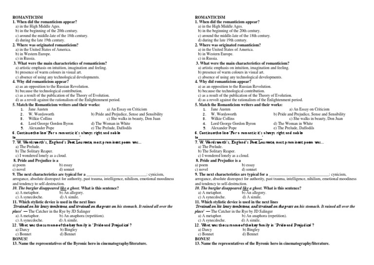 Romanticism Test | PDF
