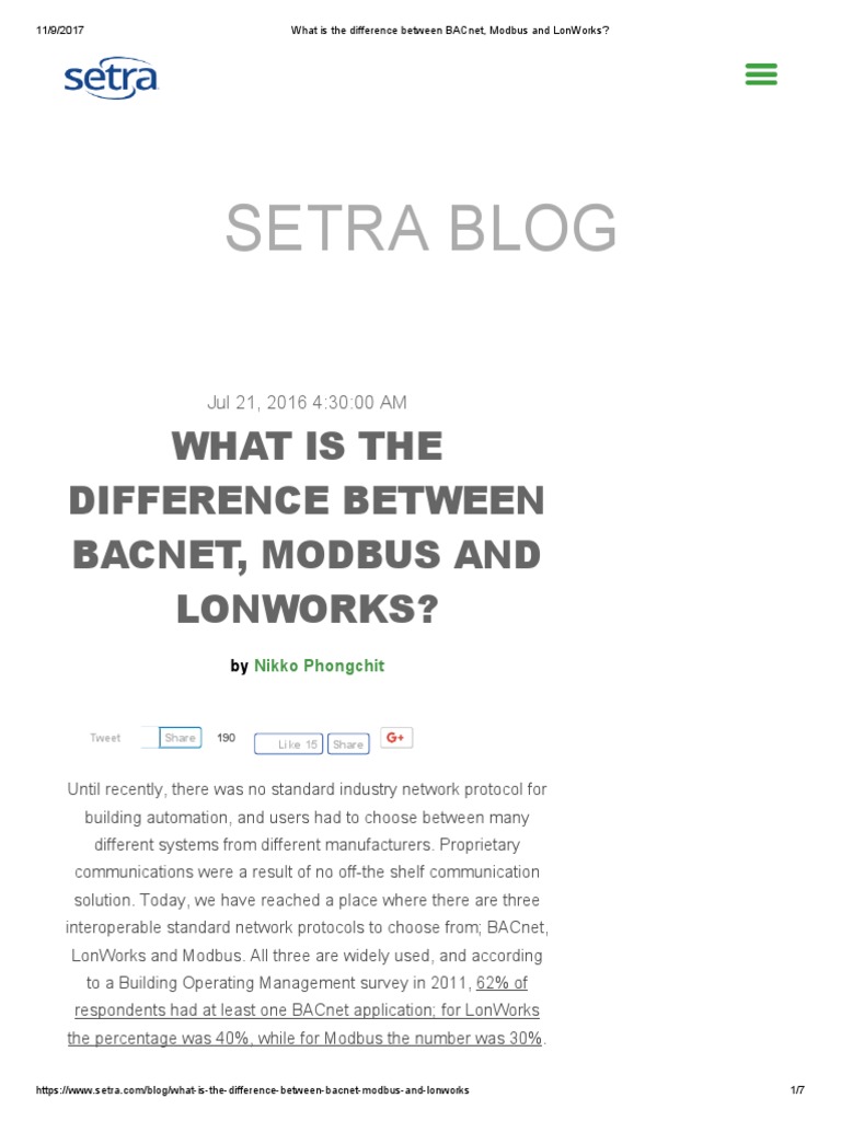 What Is The Difference Between BACnet, Modbus and LonWorks | PDF