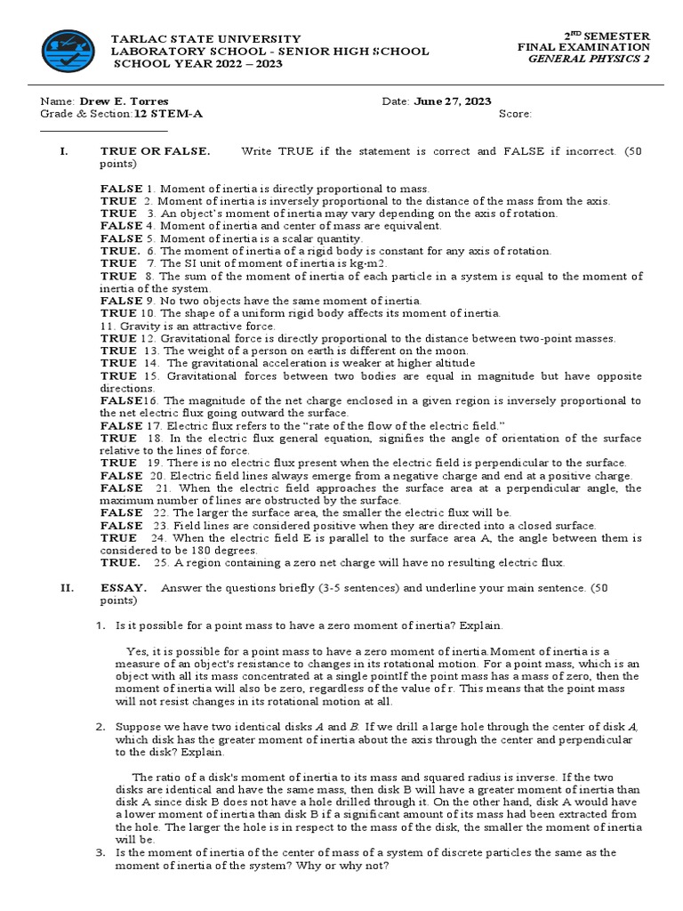 General Physics 2 Final Exam 2nd Sem | PDF