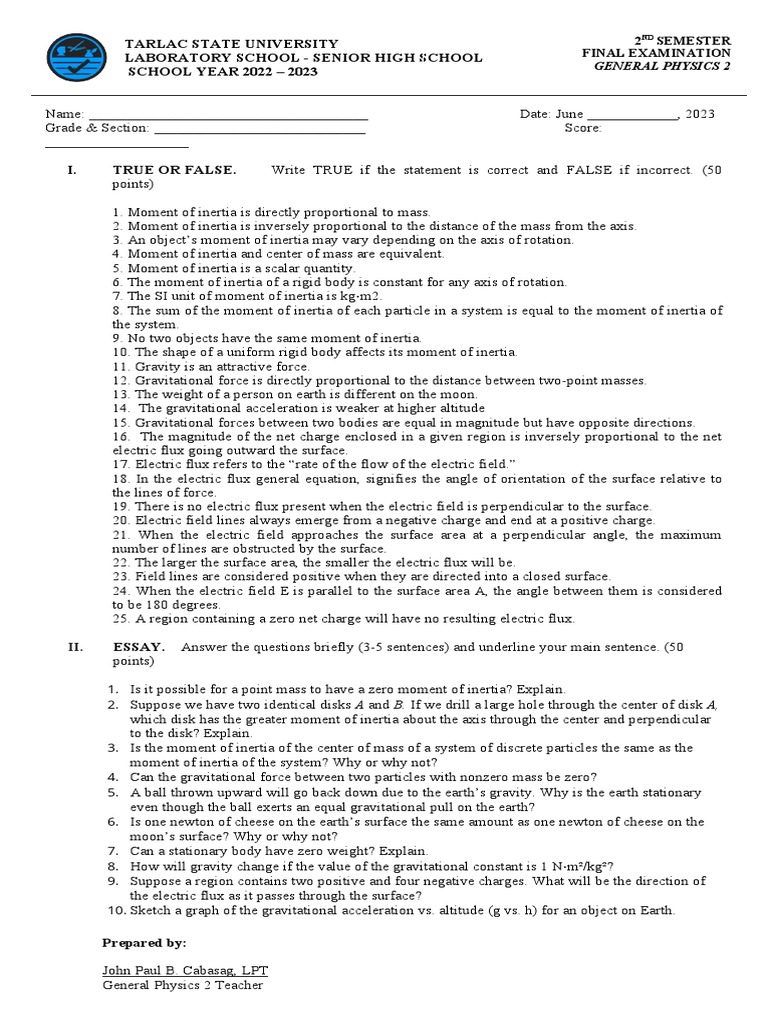 General Physics 2 Final Exam 2nd Sem | PDF | Gravity | Mass