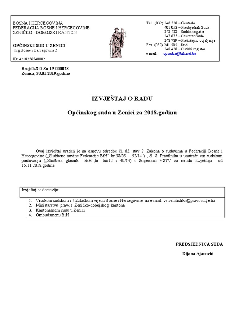 Izvjestaj o Radu Suda Za 2018.godinu | PDF